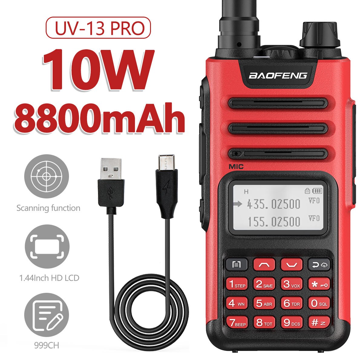Baofeng UV-13 PRO Walkie Talkie 10W 8800mAh High Power 999 Channel Dual Band UHF VHF Radio ...
