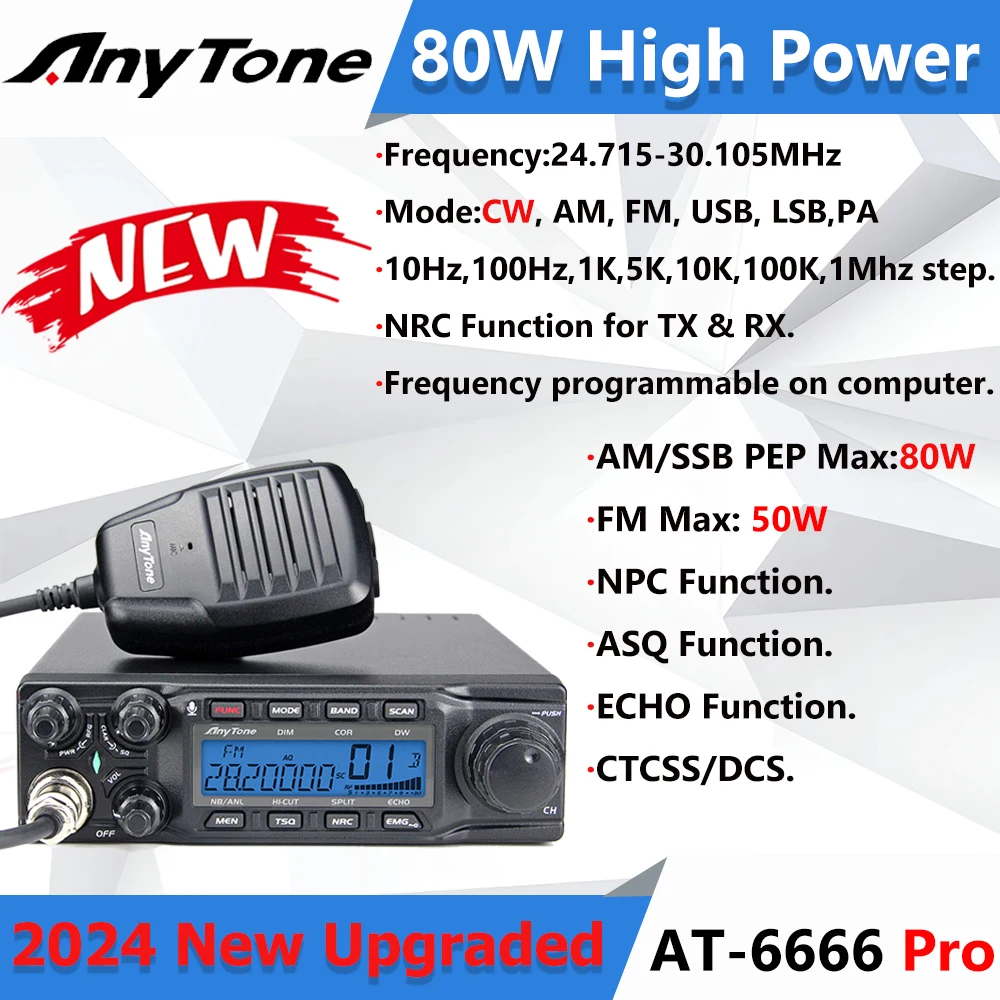 2024 New Anytone AT-6666Pro 80W High Power 10 Meter Radio CW/AM/FM/USB ...